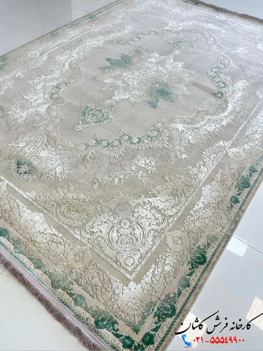 فرش سبز و طوسی 1200 شانه طرح کمند| قیمت فرش نسکافه ای از کارخانه کاشان